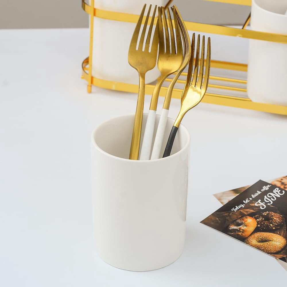 White Ceramic Silverware Holder with Golden Metal Rack, Flatware Caddy ...