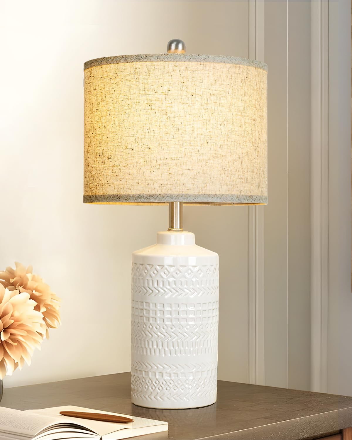 White Ceramic Table Lamp with Beige Shade: 3-Way Dimmable Night Stand ...