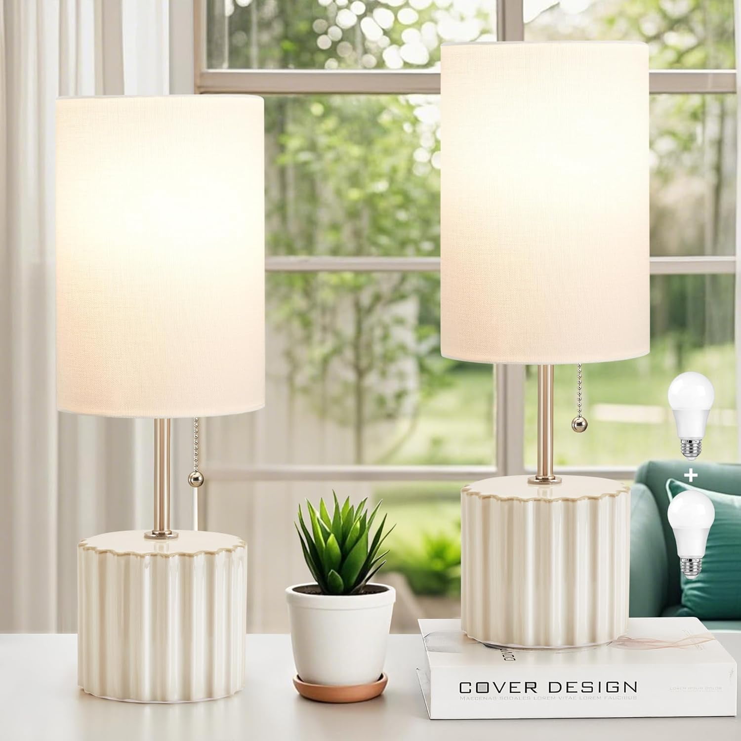 White Ceramic Table Lamps Set of 2, Bedside Nightstand Lamps with 3 ...