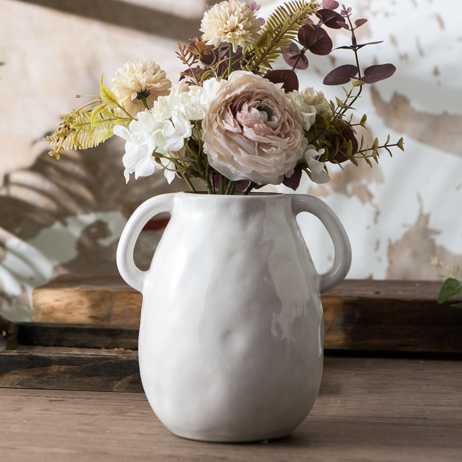 White Ceramic Vase with 2 Handles for Modern Farmhouse Decor, Rustic ...
