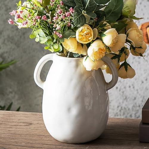 White Ceramic Vase with 2 Handles, Modern Farmhouse Vases for Home ...