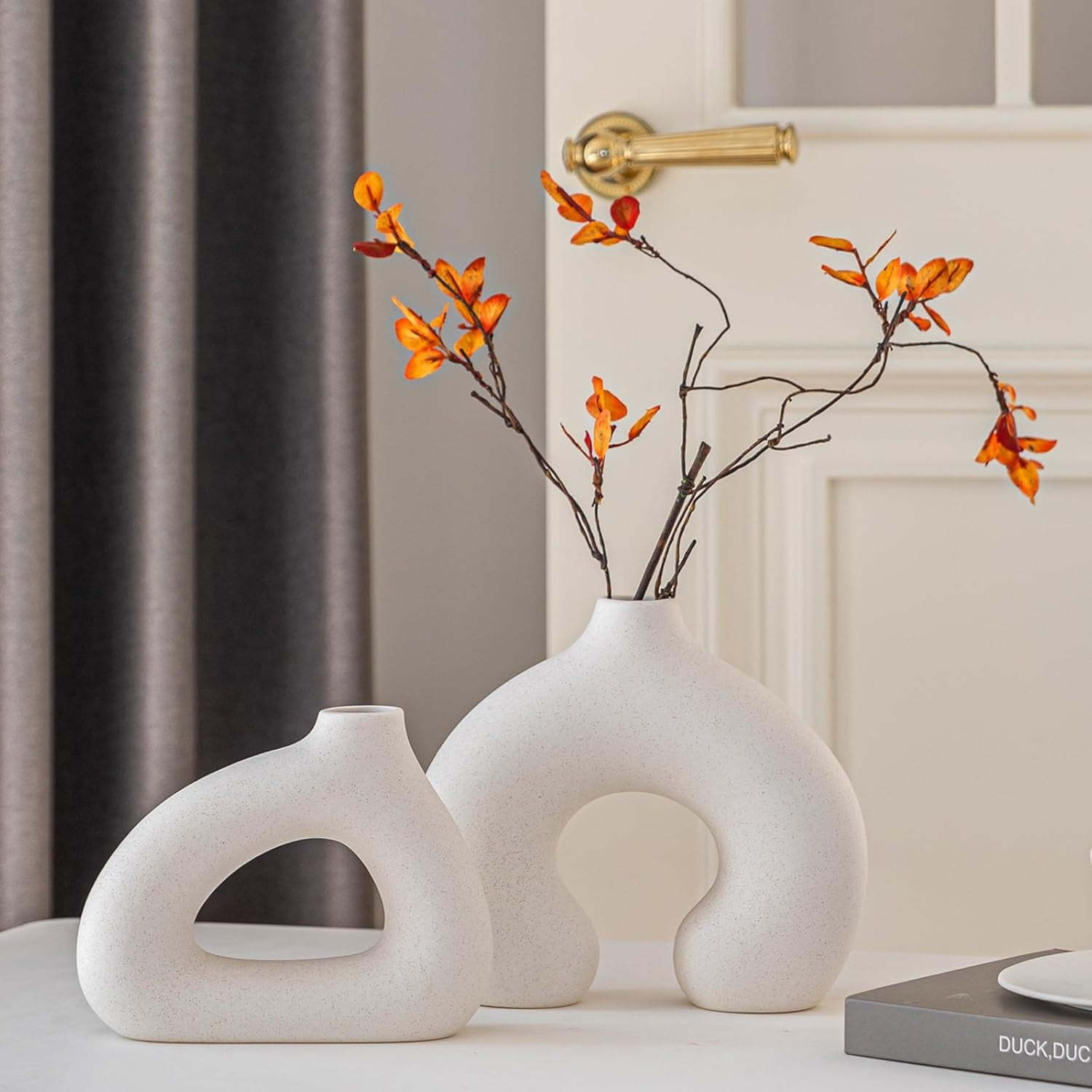 White Ceramic Vase Set of 2 for Modern Home Decor, Round Matte Donut Vases for Pampas Grass ...