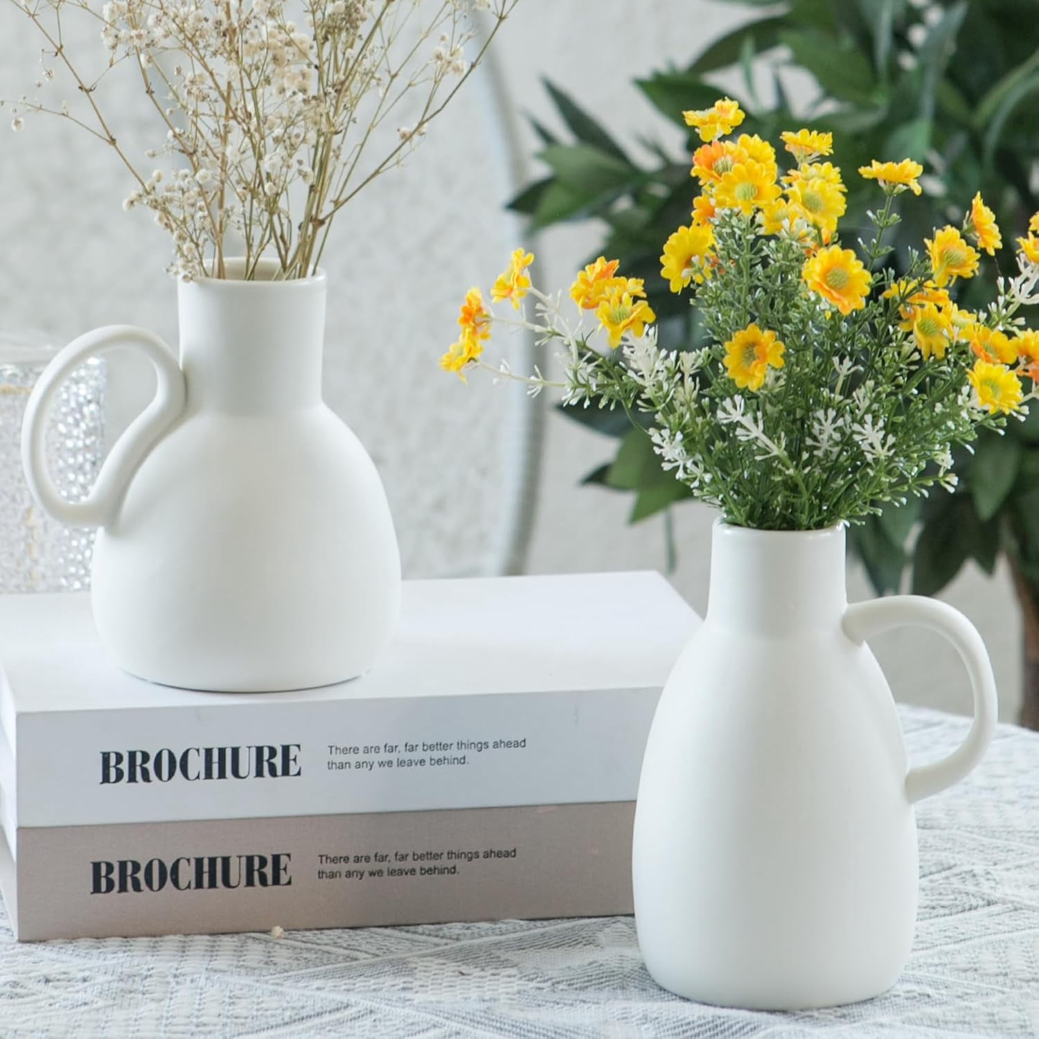 White Ceramic Vase Set - 2 Small Vases with Handle, Pottery Vases for ...