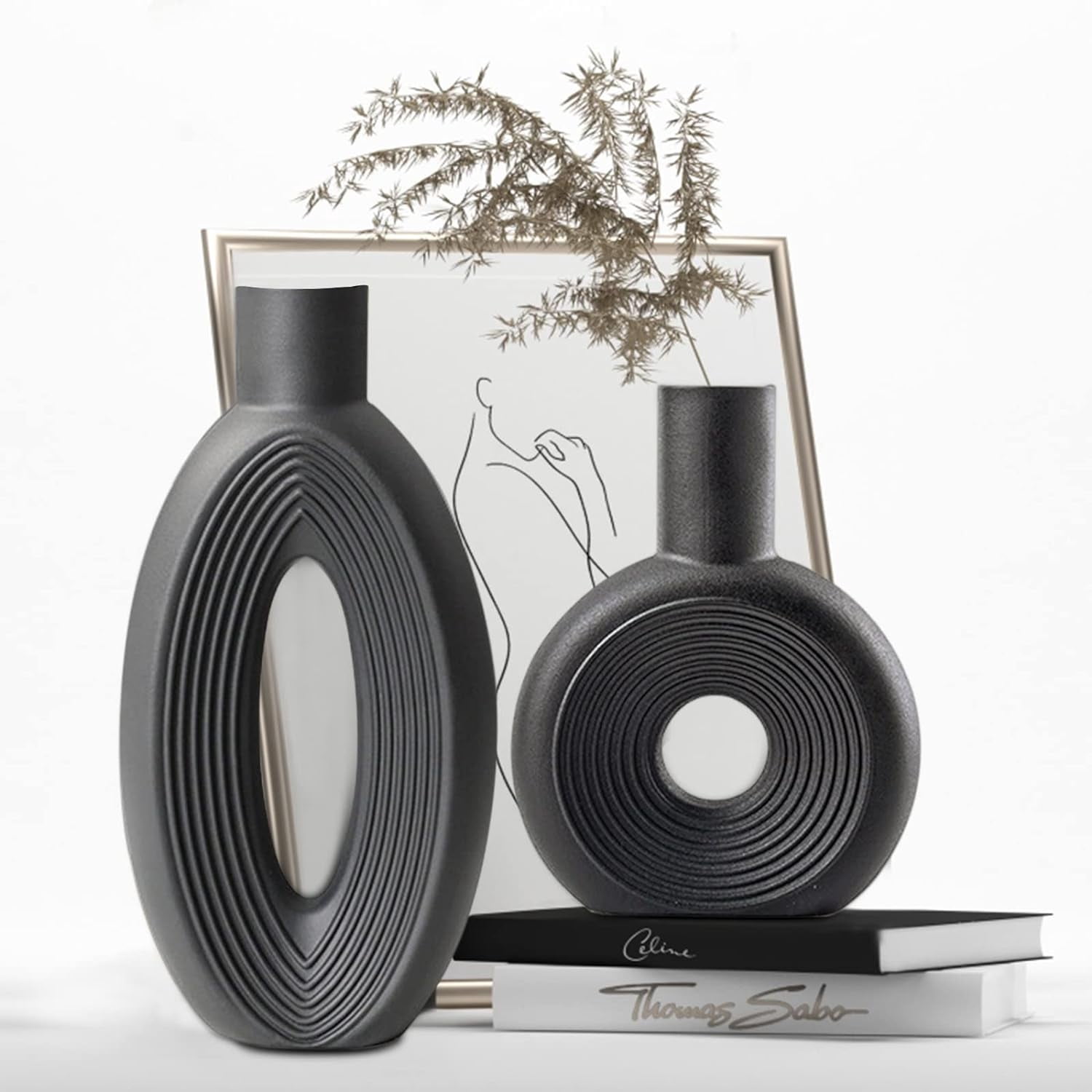 Ceramic Vase - Set of 2 for Home Decor,Black Pampas Vases Minimalist ...