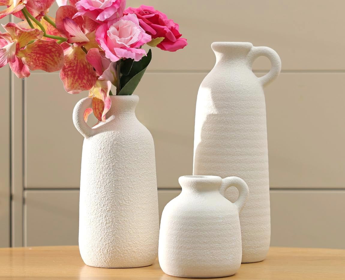 White Ceramic Vase Set with Handle, 3-Piece Modern Farmhouse Décor for ...