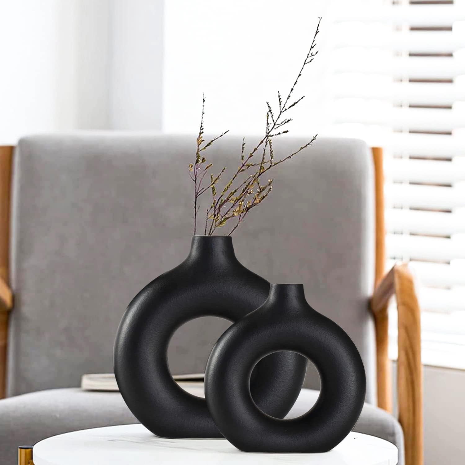 White Ceramic Vases- 2 for Modern Home Decor, Round Matte Boho Vase for ...