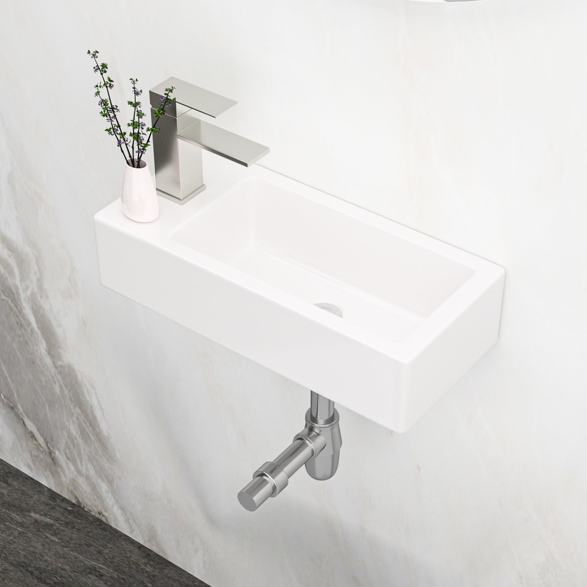 White Ceramic Wall Mount Bathroom Sink - 14.38x7.16 Inch Rectangular ...