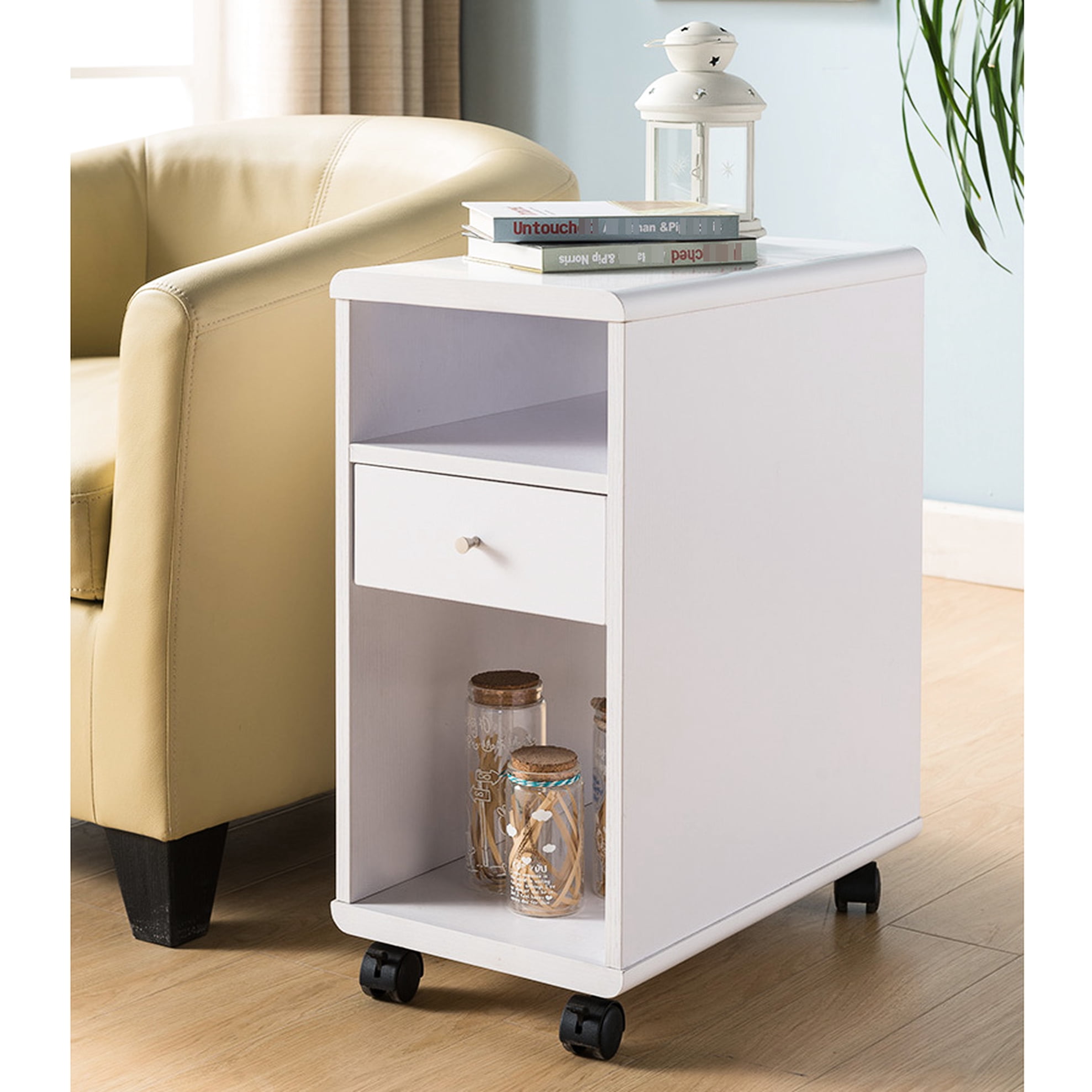 White Chairside Mobile Table With Drawer - 2 Shelves, 4 Wheels Smooth ...