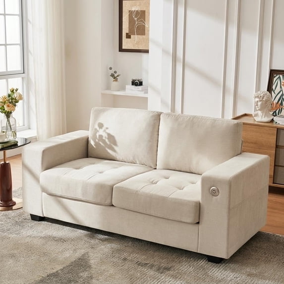 White Chenille Loveseat Sofa, 70" Deep Seat Couch with USB & Type-c ...
