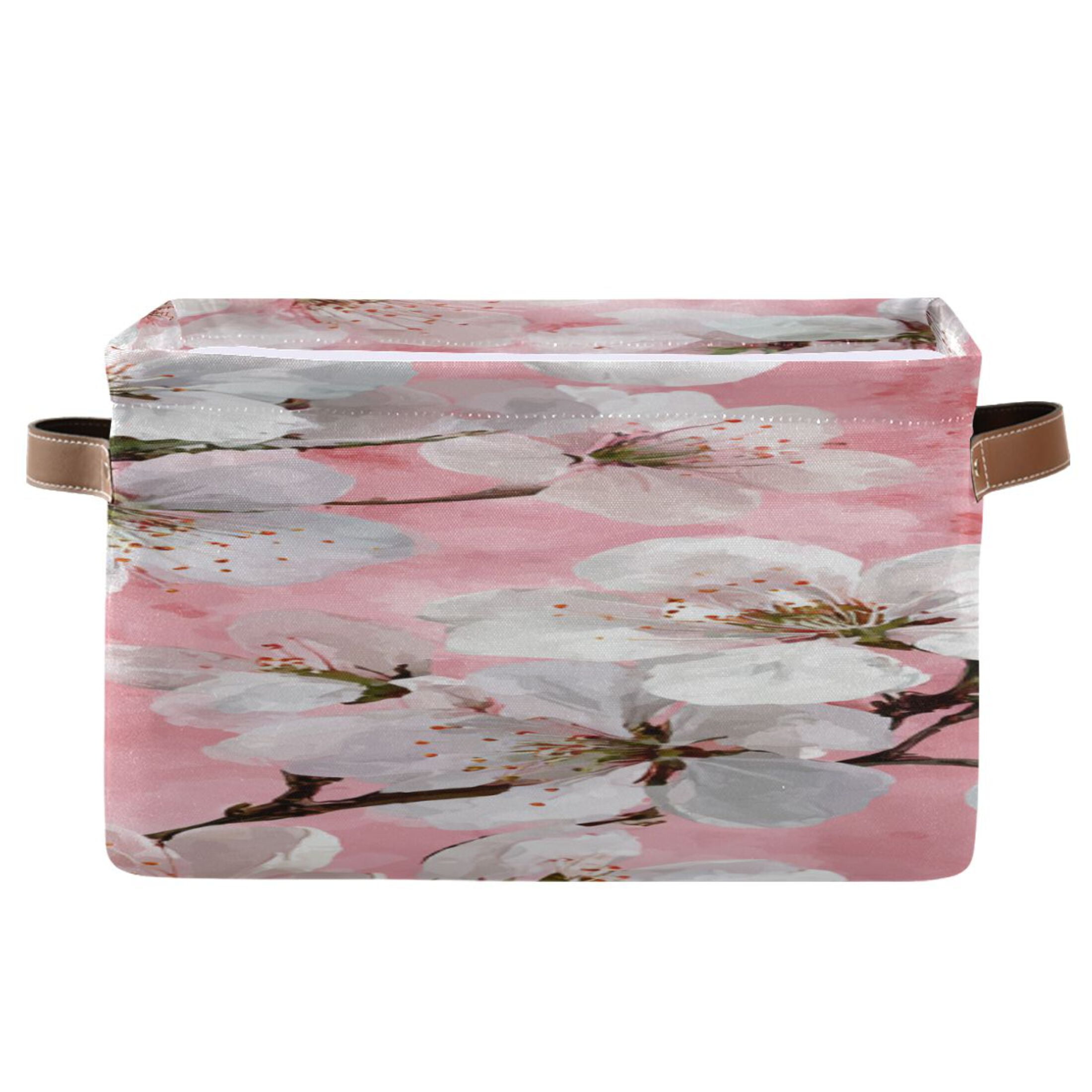 White Cherry Blossom Square Storage Bins with Handles Collapsible ...