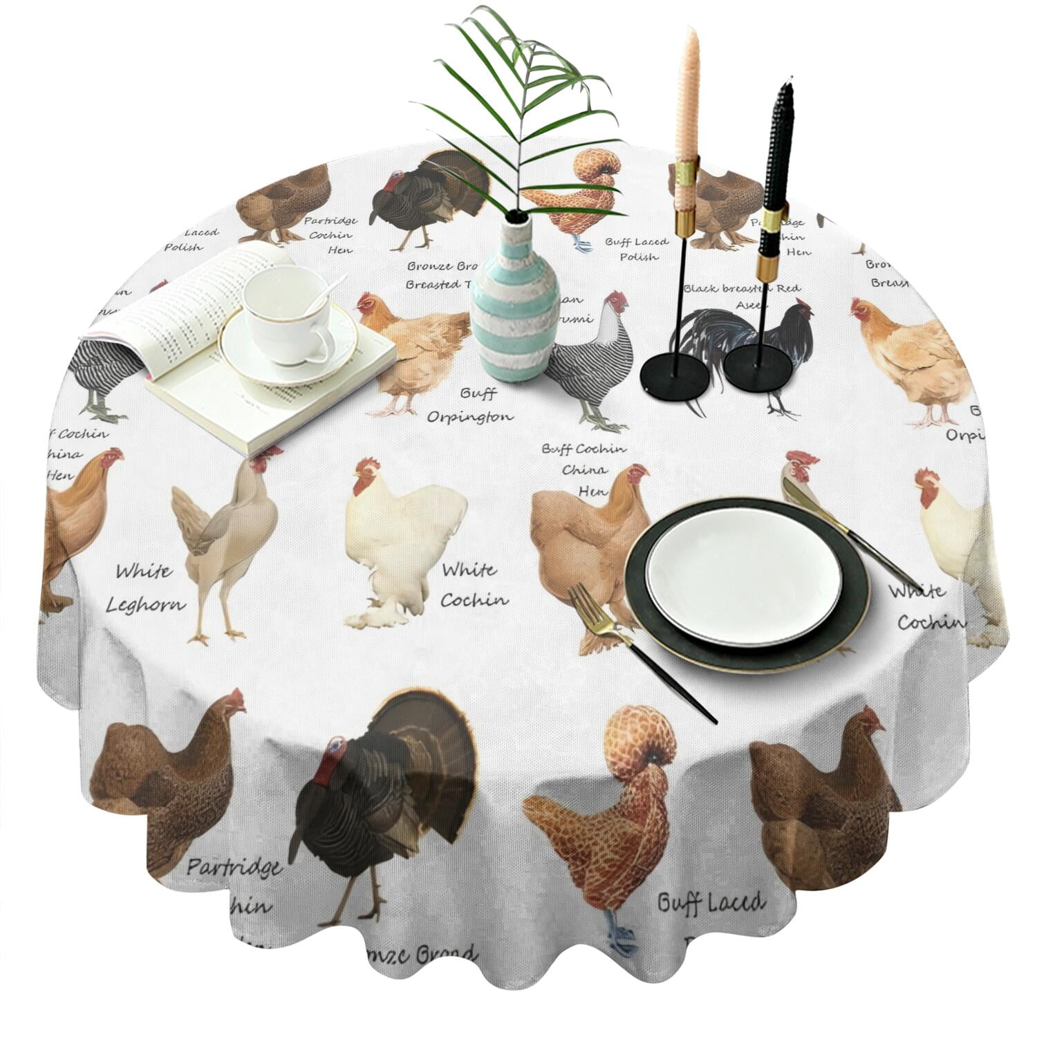 White Chicken Breed Pattern Round Tablecloth 60"x60",Wrinkle Wipeable ...