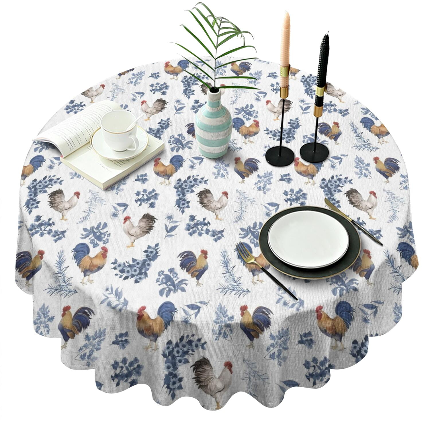 White Chicken Rooster Blue Flower Pattern Round Tablecloth 60"x60 ...