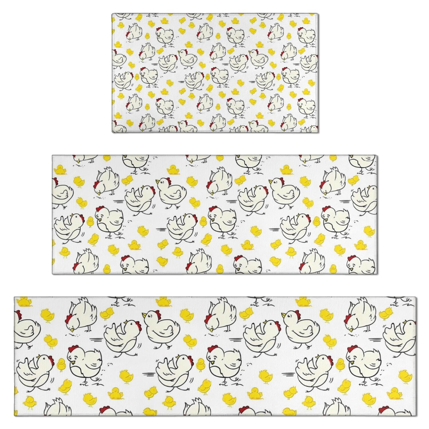White Chicken Yellow Chick Pattern Kitchen Rugs Sets Of 3,Kitchen ...