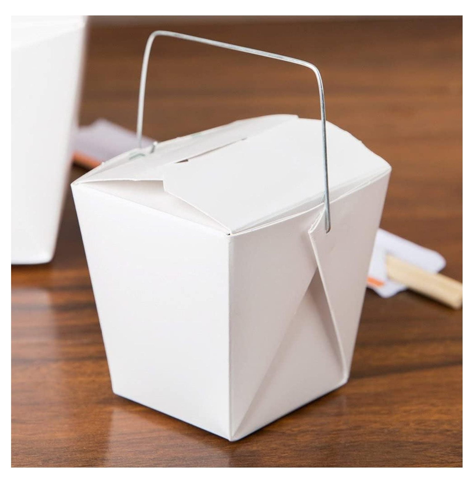 White Chinese Asian Paper Take Out Box with Wire Handle, Leak and ...