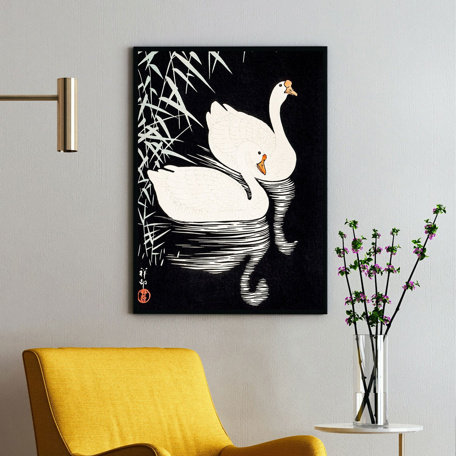 White Chinese Geese Swimming by Reeds - 1928 | Ohara Koson | Premium ...