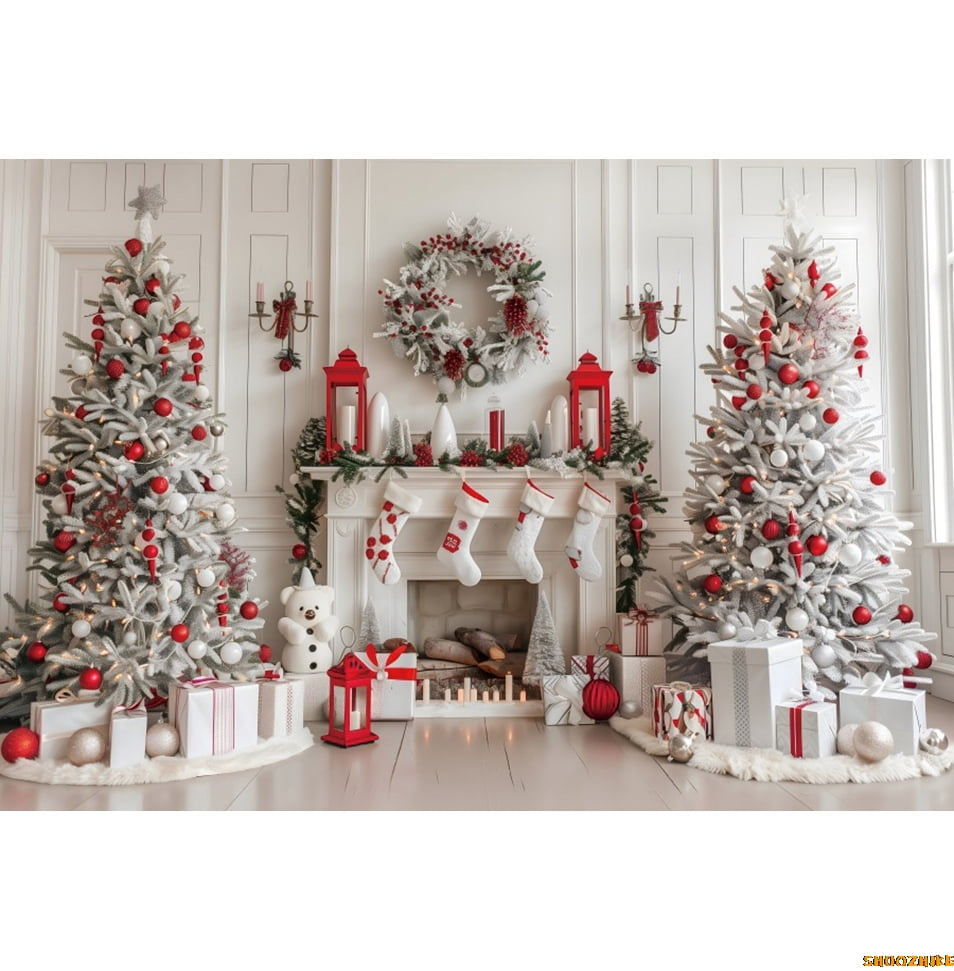 White Christmas Backdrop Fireplace Gifts Living Room Vintage Wall Xmas ...