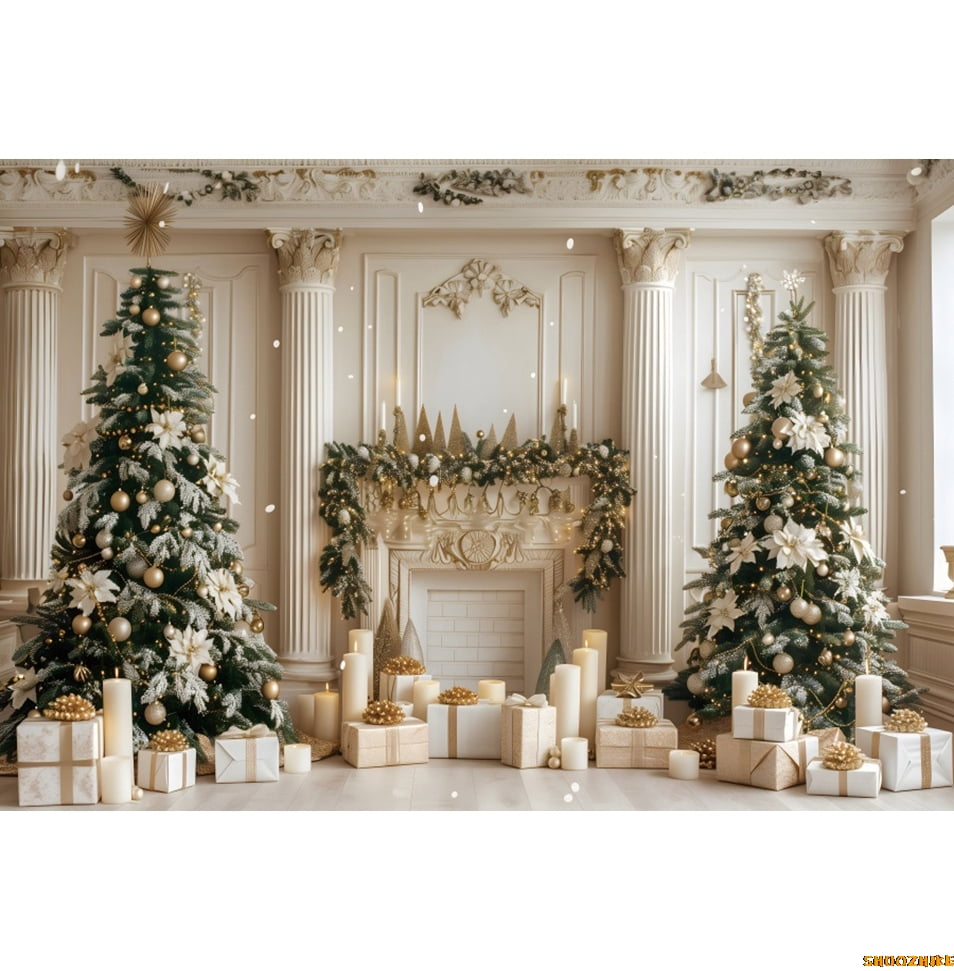 White Christmas Backdrop Fireplace Gifts Living Room Vintage Wall Xmas ...