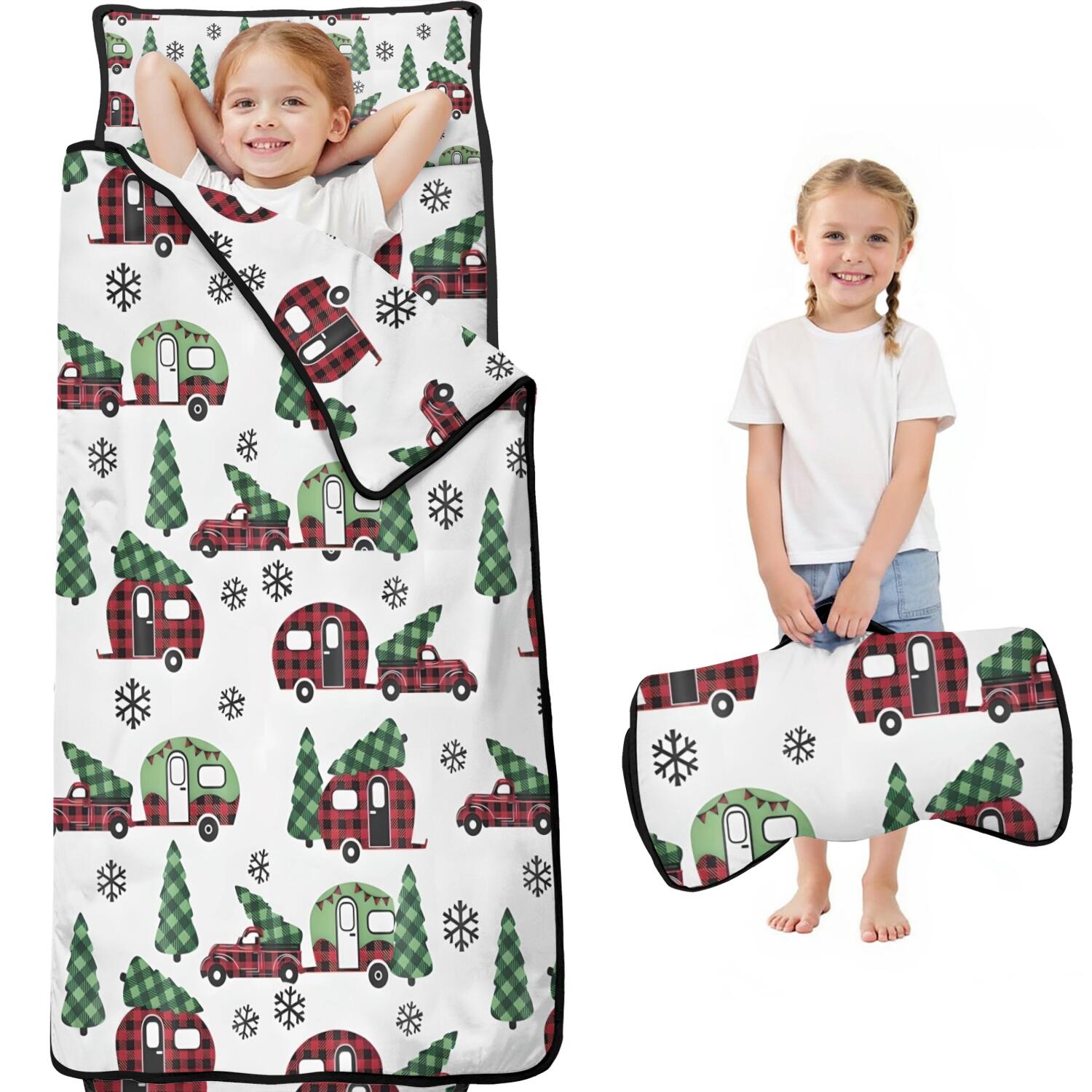 White Christmas Car and Camper Pattern Toddler Nap Mats for Kids ...