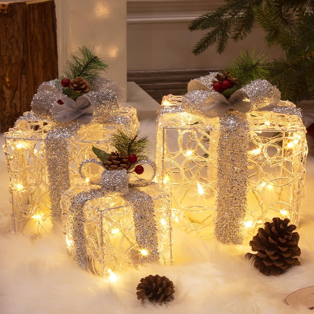 White Christmas Decorations, Set of 3 Christmas Lighted Gift Boxes ...