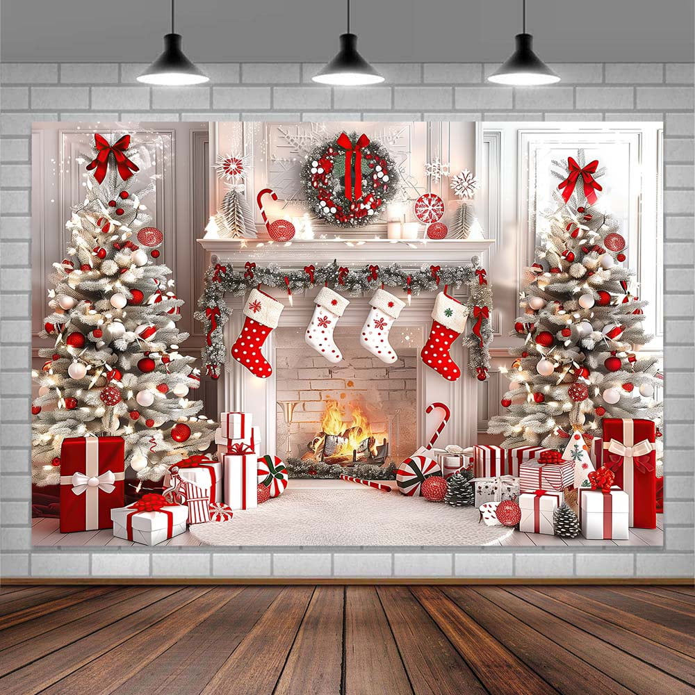 White Christmas Fireplace Photo Backdrop Winter Xmas Tree Stockings ...