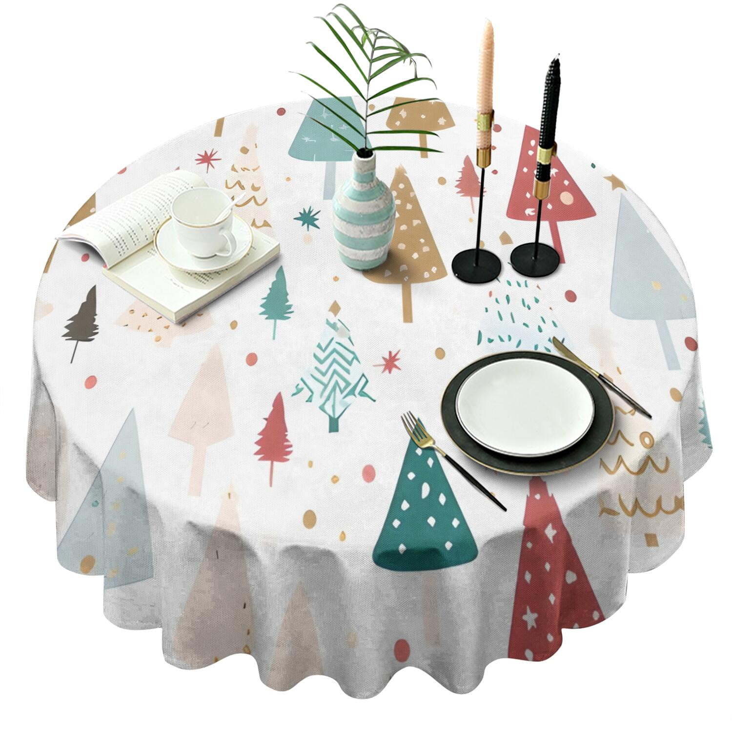 White Christmas Tree Pattern Round Tablecloth 60"x60",Wrinkle Wipeable ...