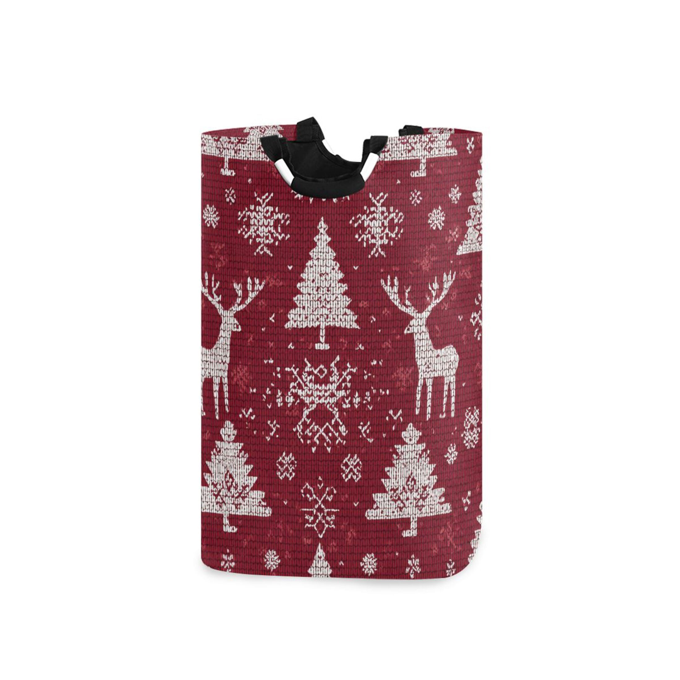 White Christmas Trees Reindeer Knit Laundry Basket with Handles ...