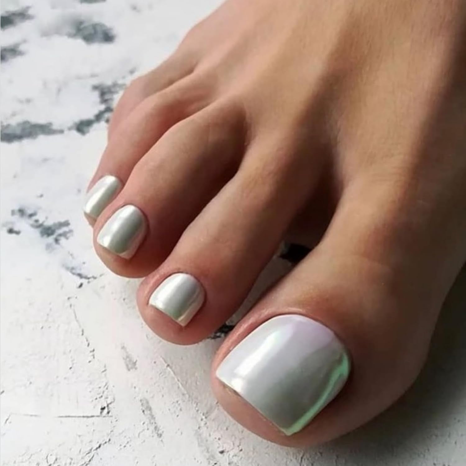 White Chrome Press on Toenails Short, Glossy Fake Toe Nails Press on ...