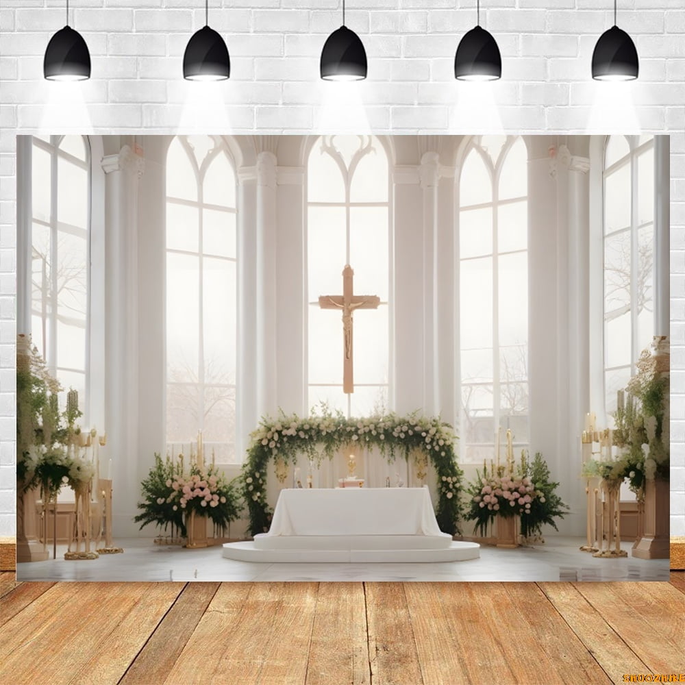 White Church Backdrop Jesus Cross Window Flower Kid Christing Wedding ...