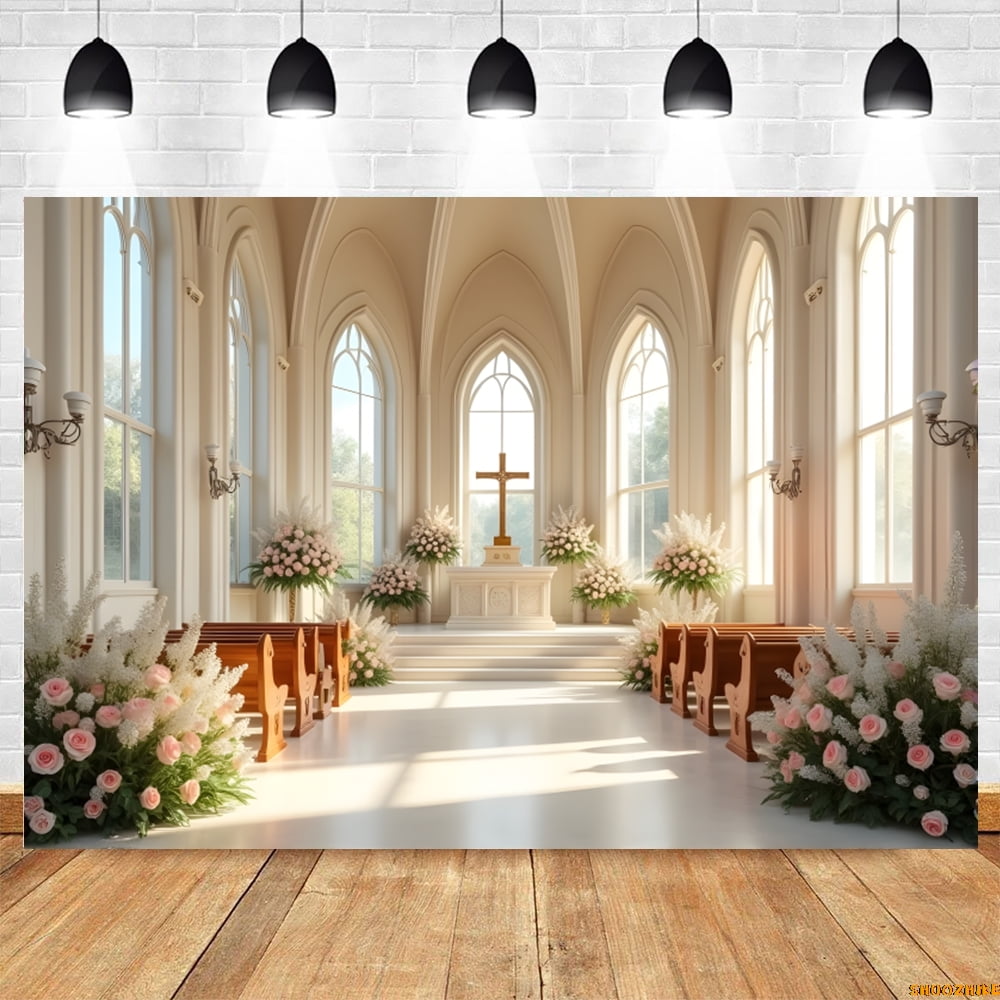 White Church Backdrop Jesus Cross Window Flower Kid Christing Wedding ...