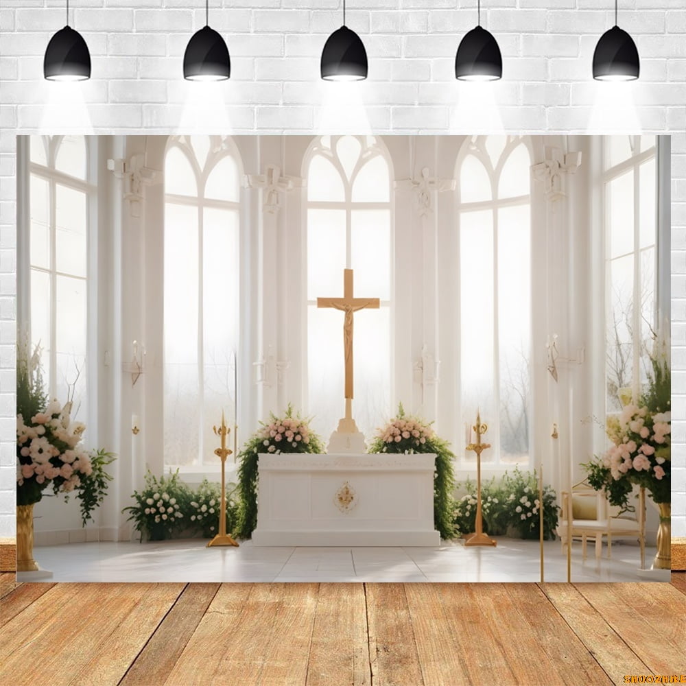 White Church Backdrop Jesus Cross Window Flower Kid Christing Wedding ...
