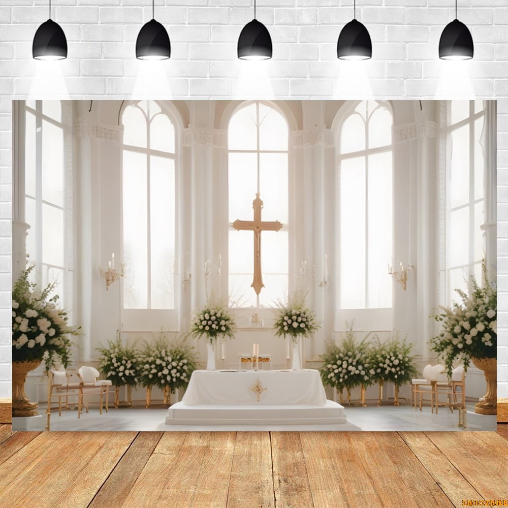 White Church Backdrop Jesus Cross Window Flower Kid Christing Wedding ...