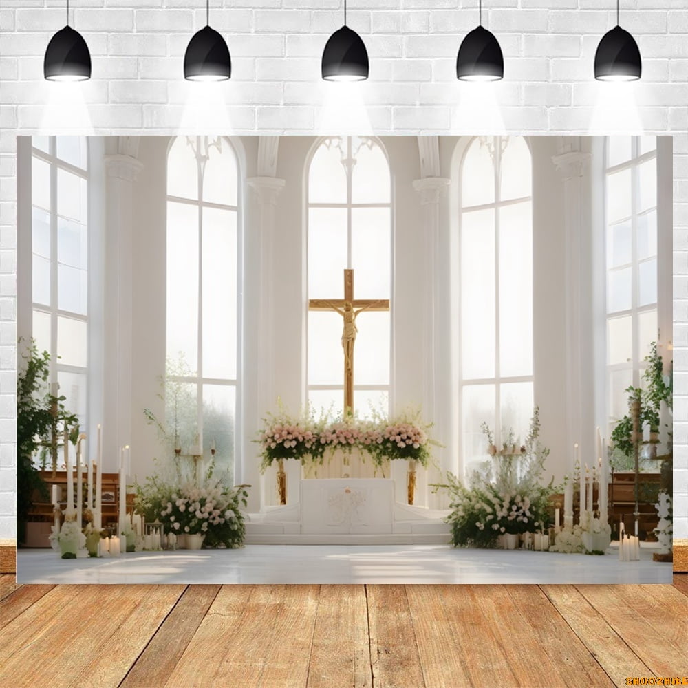 White Church Backdrop Jesus Cross Window Flower Kid Christing Wedding ...