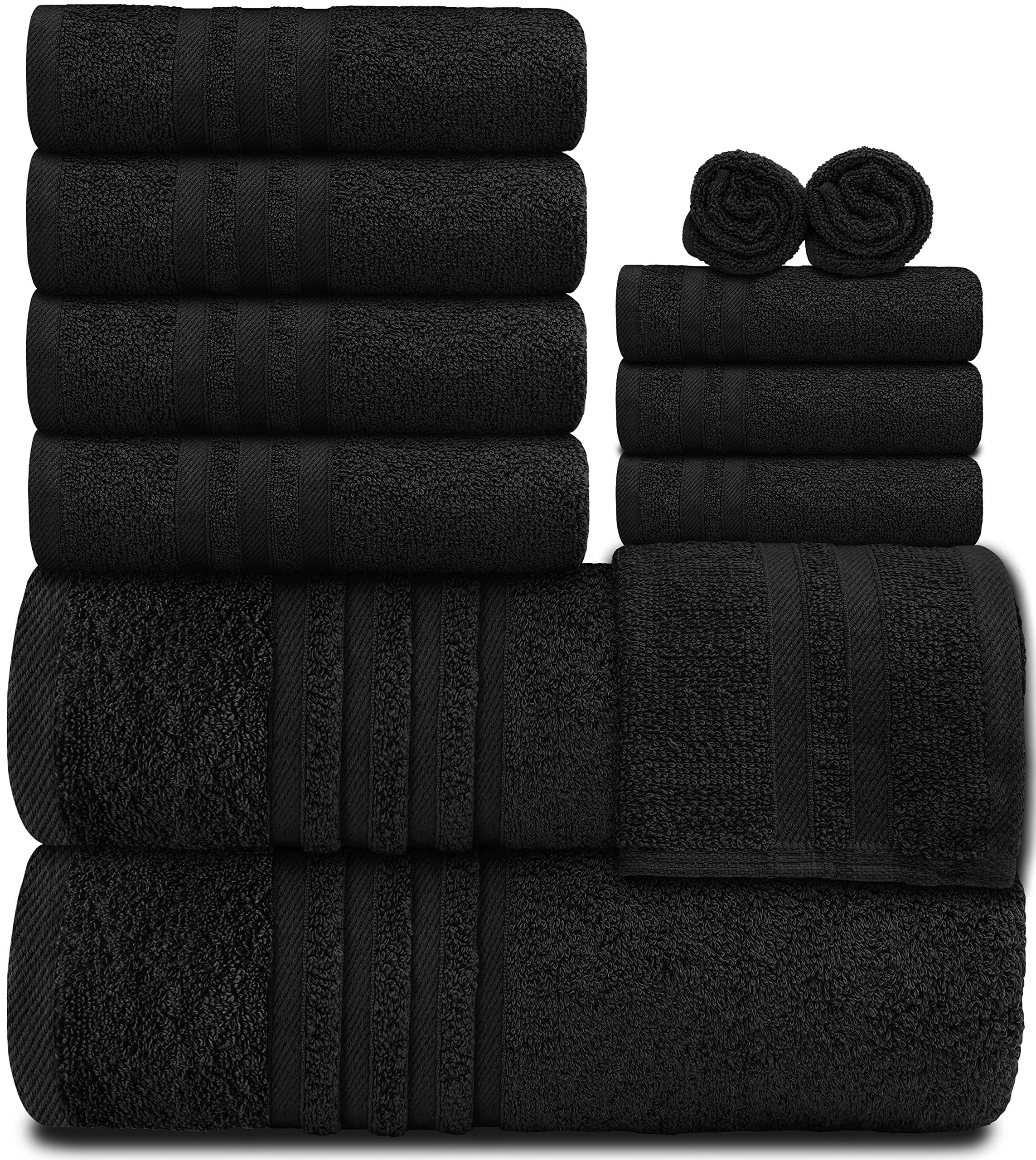 Wealuxe 12 Pc Black Bath Set - 2 Bath, 4 Hand Towels, 6 Washcloths, Soft, Absorbent, Durable ...
