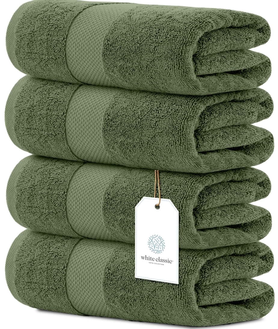White Classic Luxury Bath Towels, Dark Green, 27x54, 4-Pack, Hotel ...
