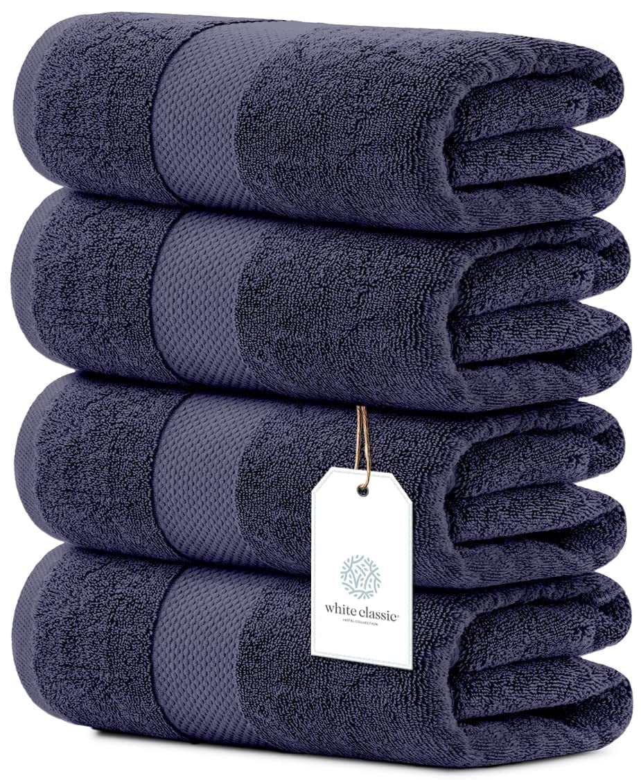 Free Shipping! White Classic Luxury Navy Bath Towels Large Pack of 4 ...