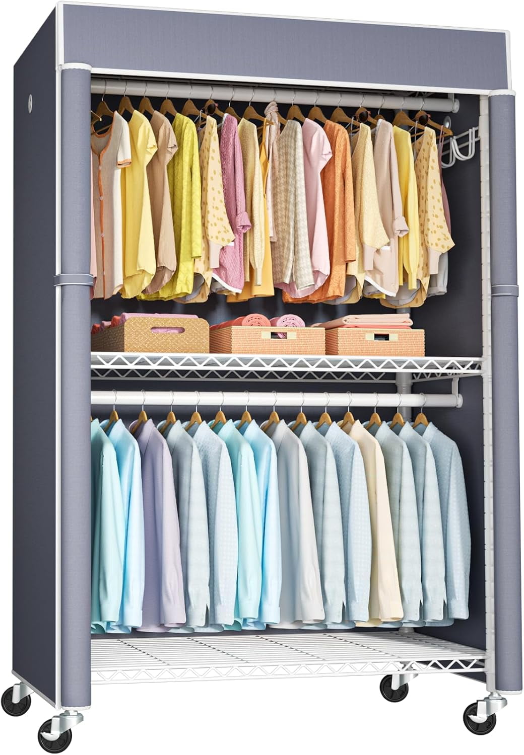 White Clothing Rack with Grey Cover, P1C Plus Rolling Closet Rack with ...