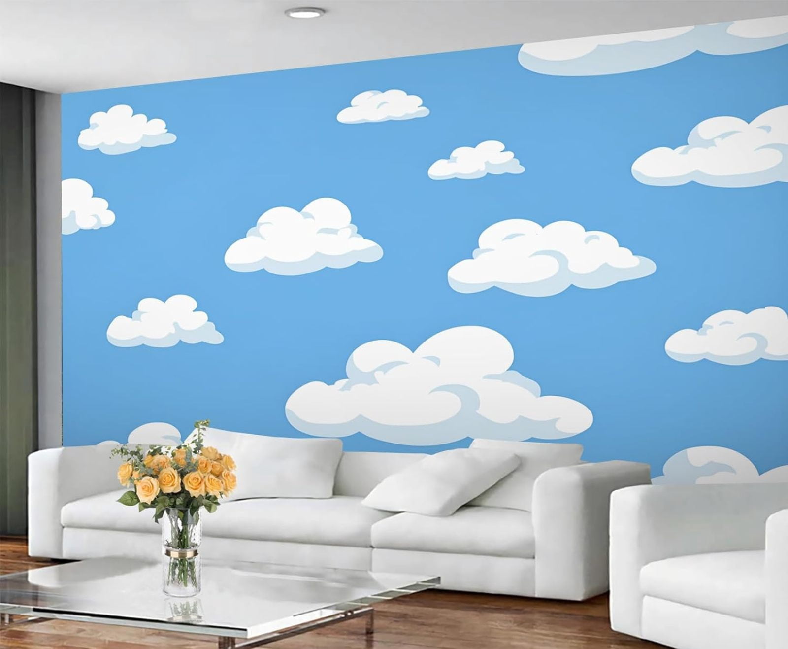 White Clouds Mural Kids - Cartoon Cloud Wall Paintings, Blue Sky 3D ...