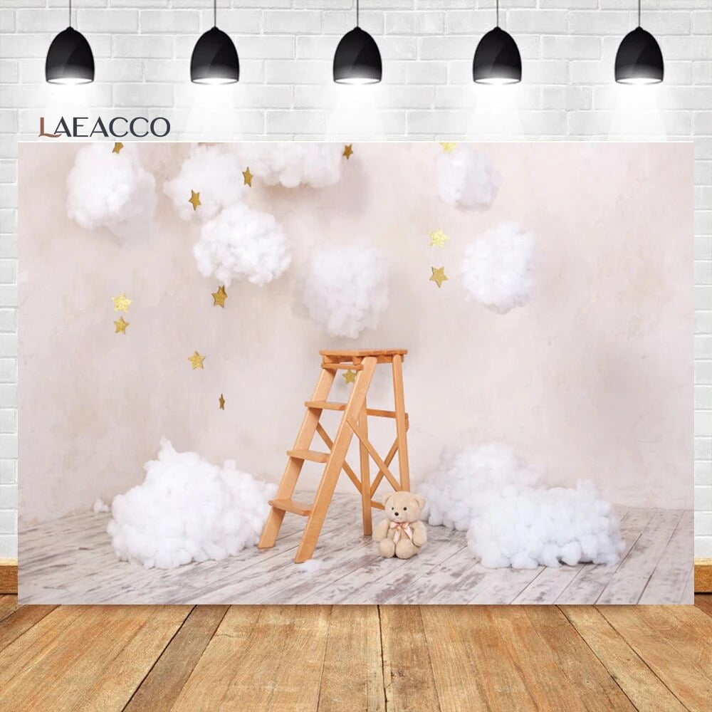 White Clouds Newborn Photo Backdrop Blue Sky Glitter Stars Baby Shower ...