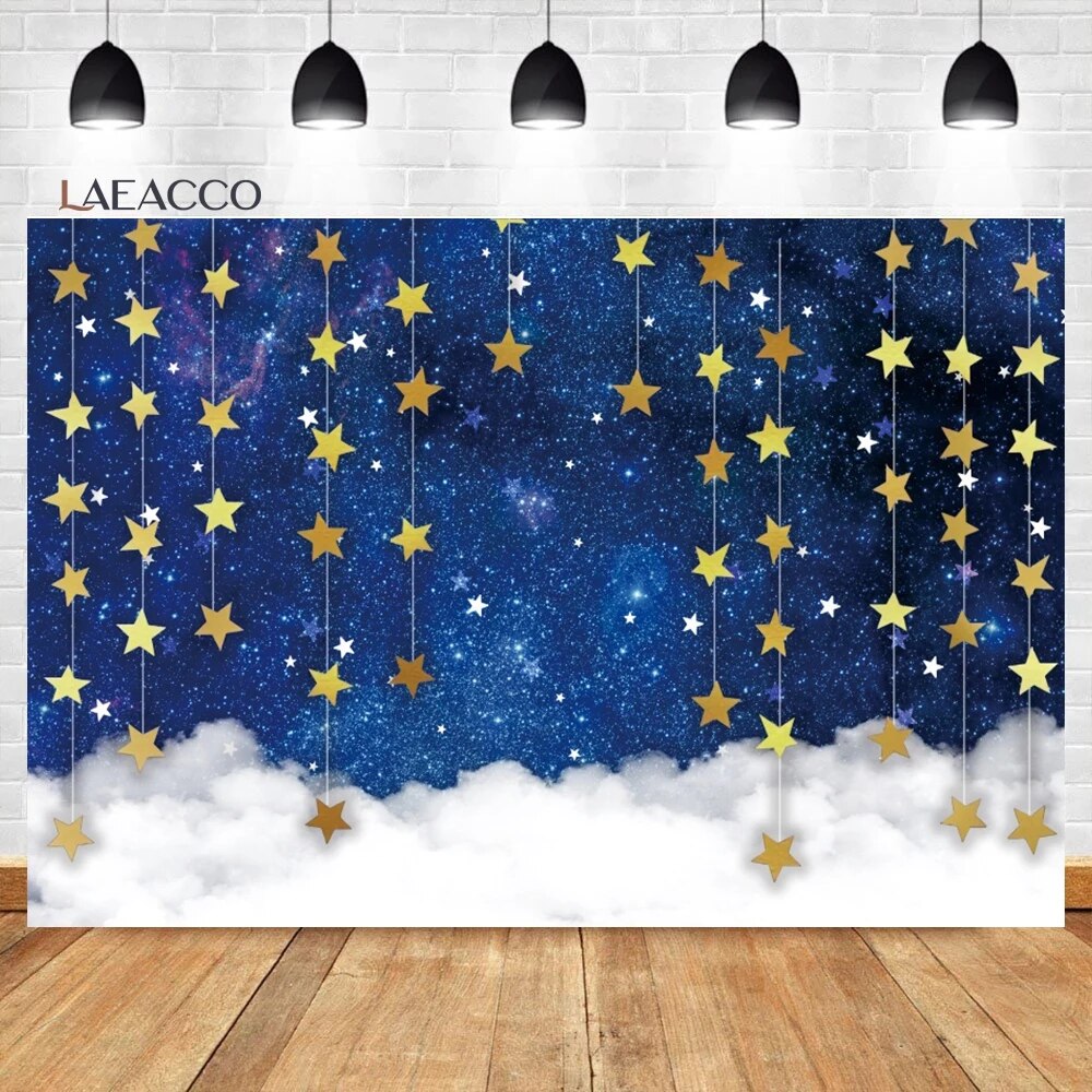 White Clouds Newborn Photo Backdrop Blue Sky Glitter Stars Baby Shower ...