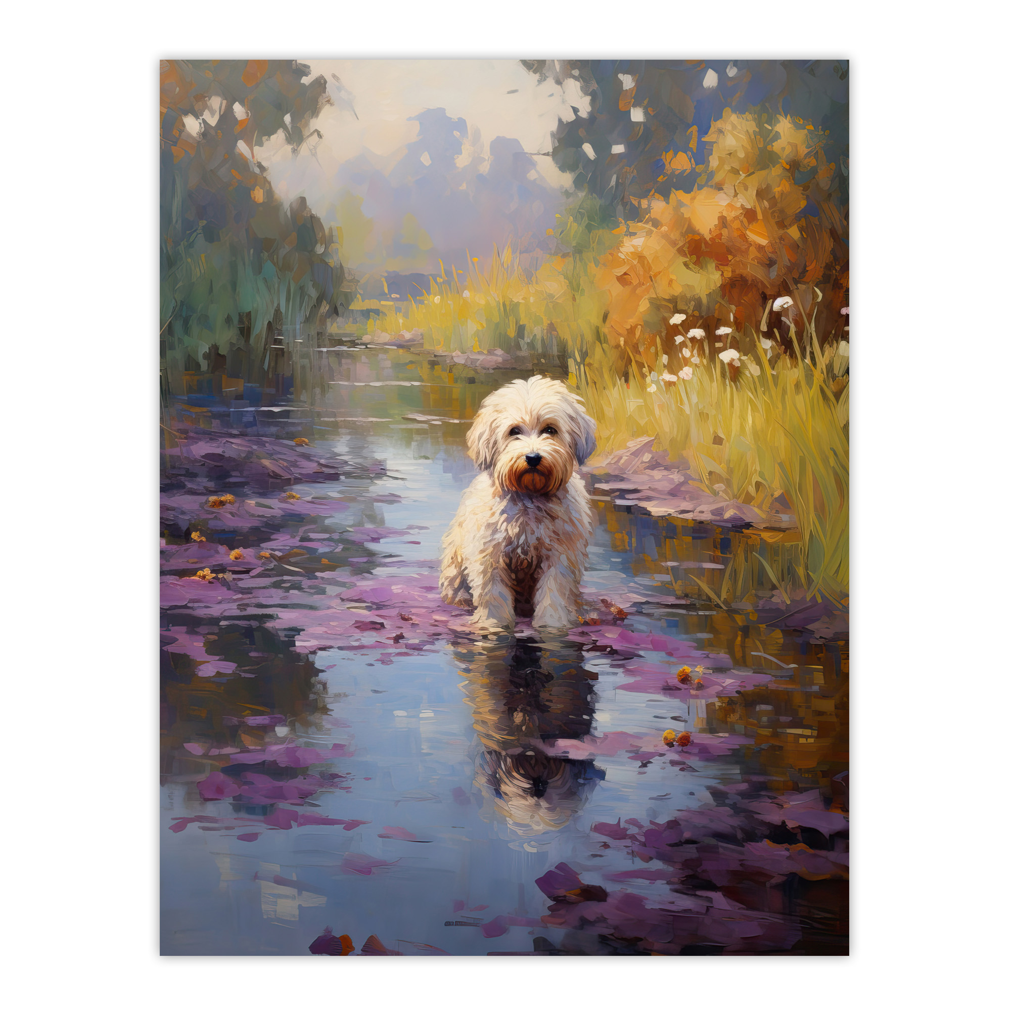 White Cockapoo Dog And Purple Water Irises Claude Monet Style Oil ...