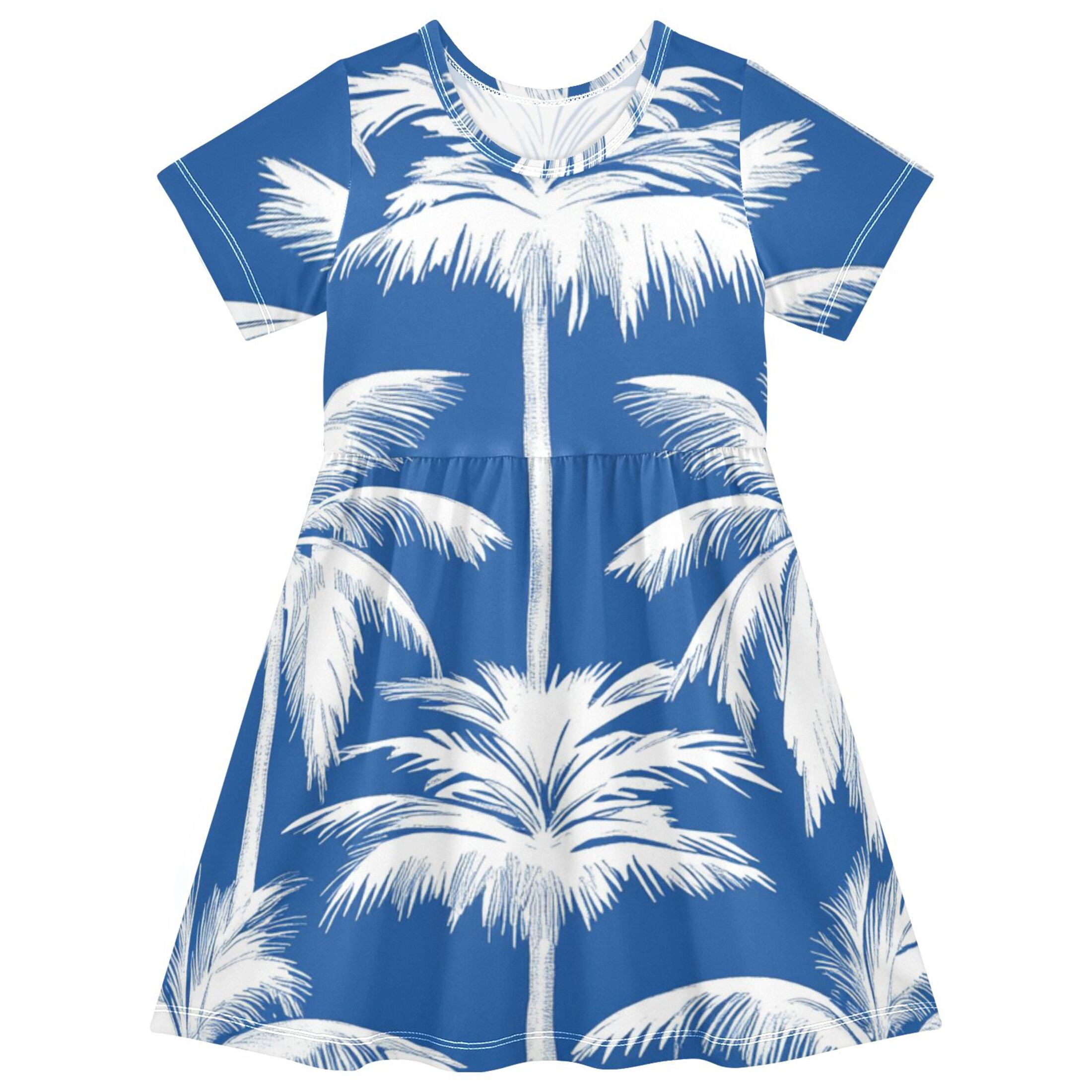 White Coconut Tree Patterns Tropical Girls' Short Sleeve Dress A-Line ...