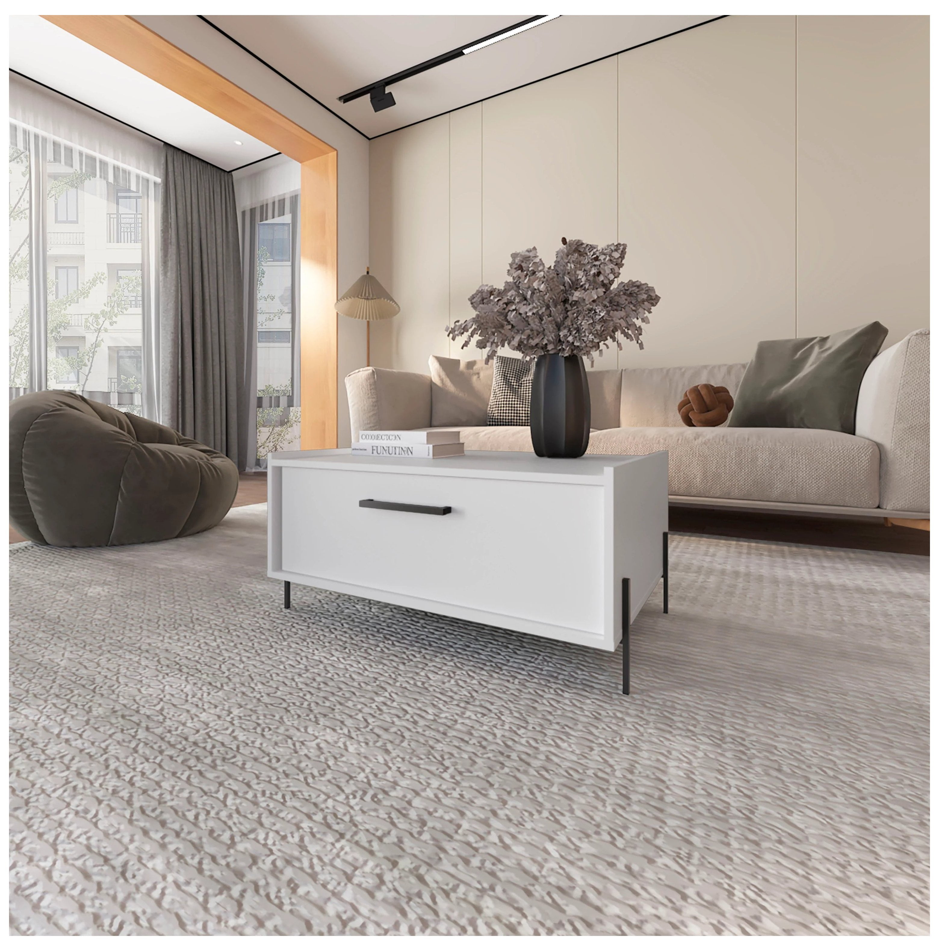 White Coffee Table with -Down Door White + Primary Living Space + Modern + Freestanding ...