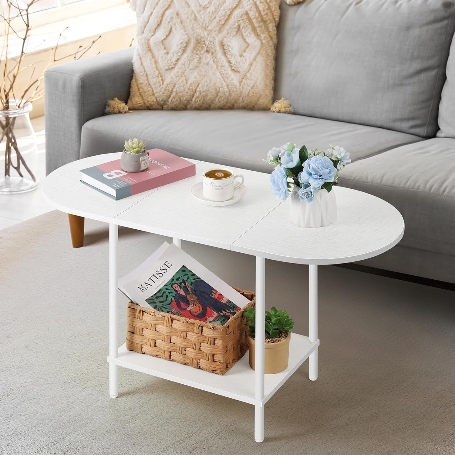 White Coffee Table for Living Room, Small Oval Coffee Table with ...