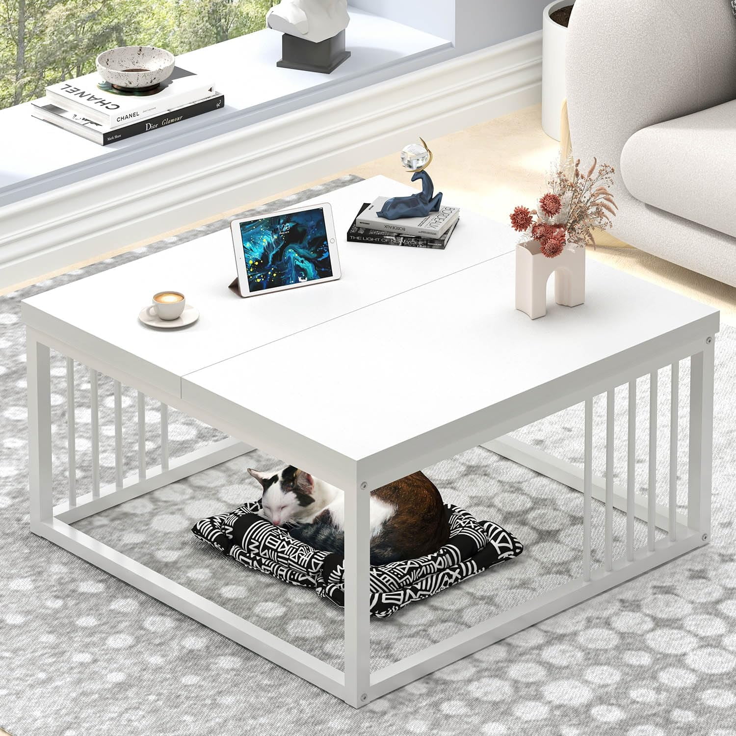 White Coffee Table, Modern Rustic Wood and Metal Center Table ...