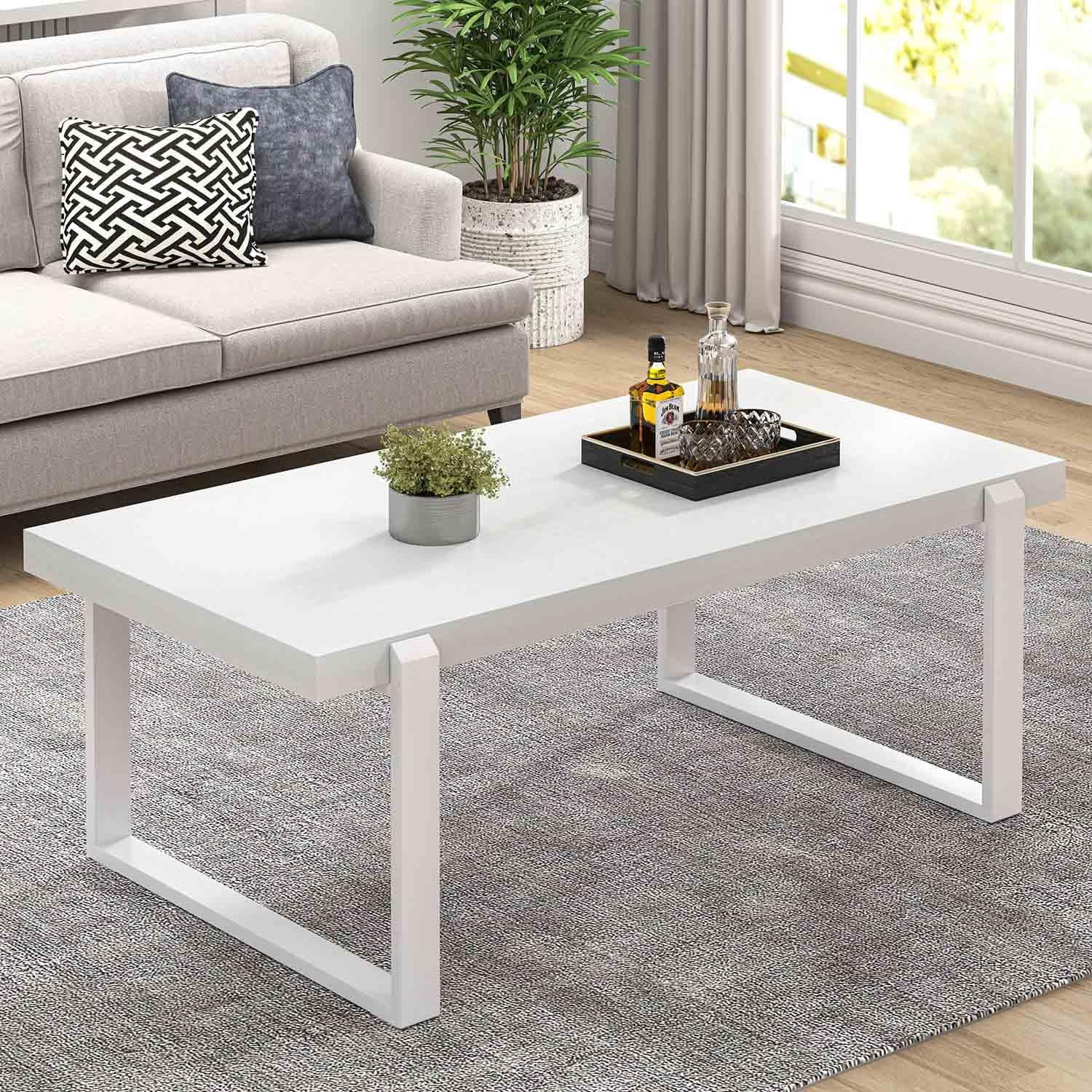 White Coffee Table, Modern Rustic Wood and Metal Center Table ...