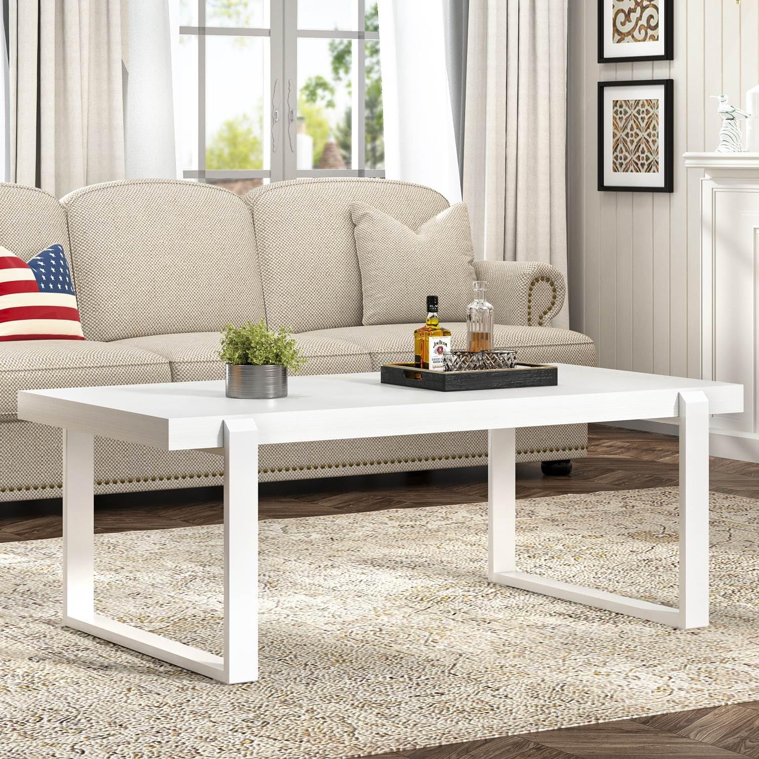 White Coffee Table, Modern Rustic Wood and Metal Center Table ...