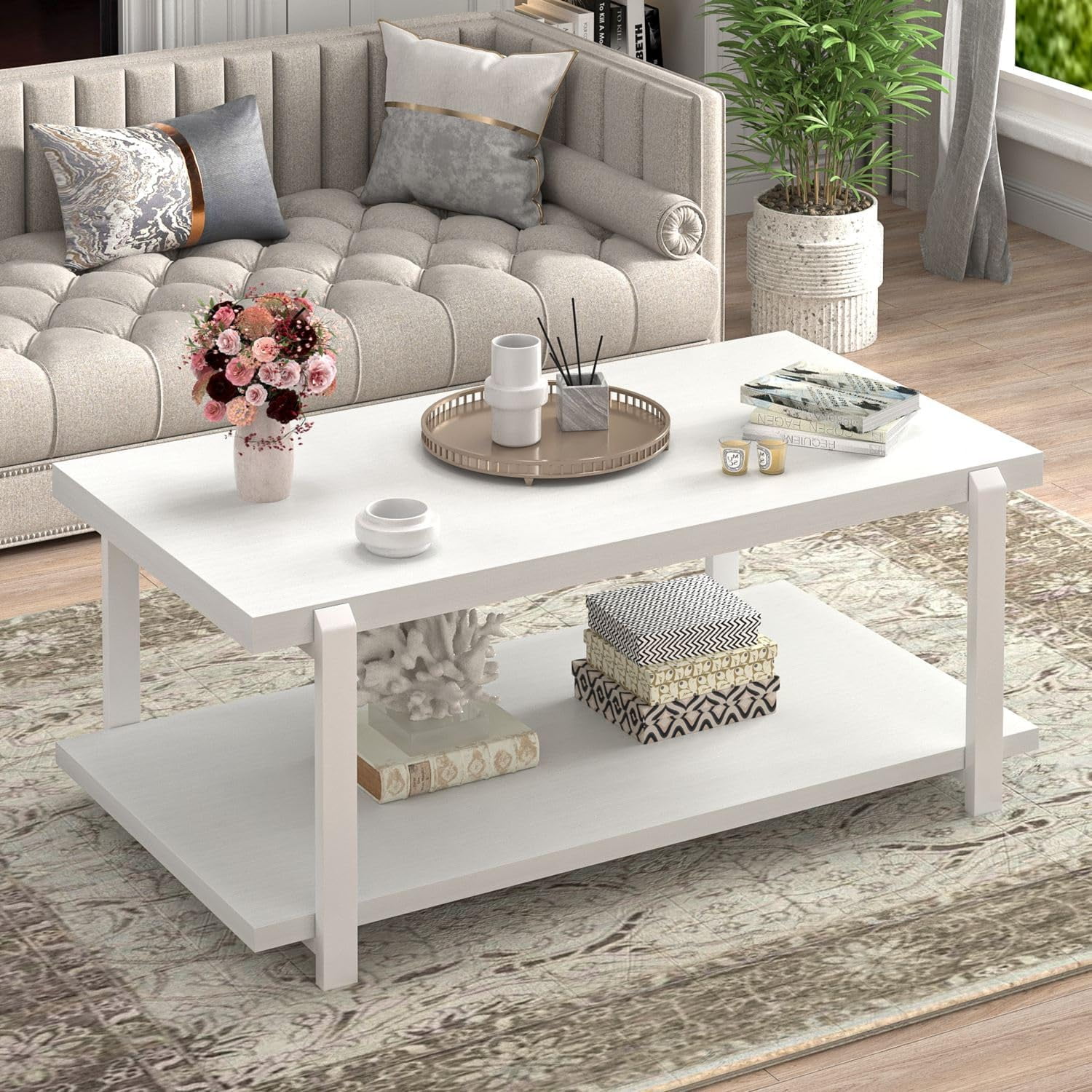 White Coffee Table, Modern Rustic Wood and Metal Center Table with ...