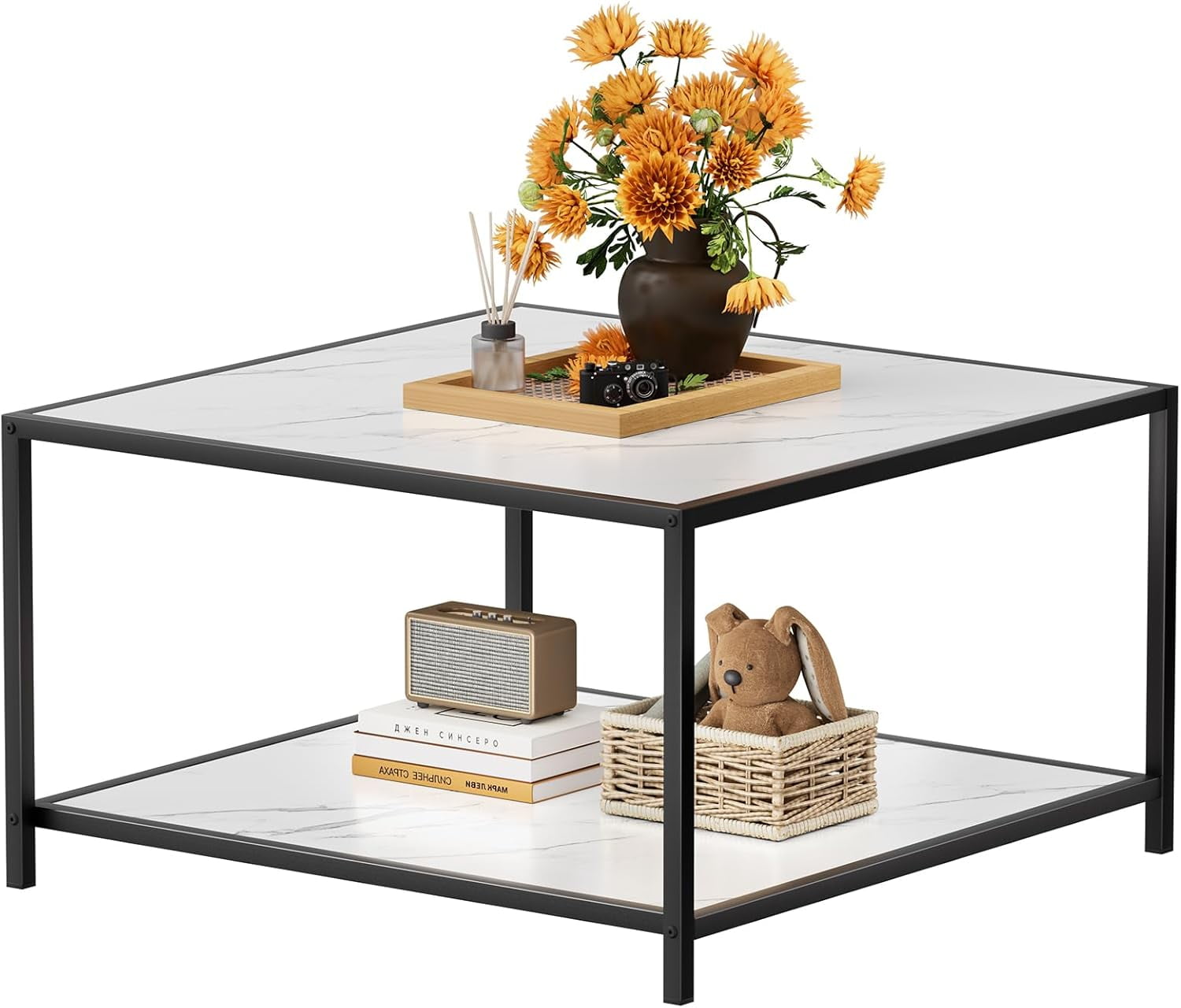 White Coffee Table with Storage, 2 Tier Modern Suqare Coffee Tables for ...