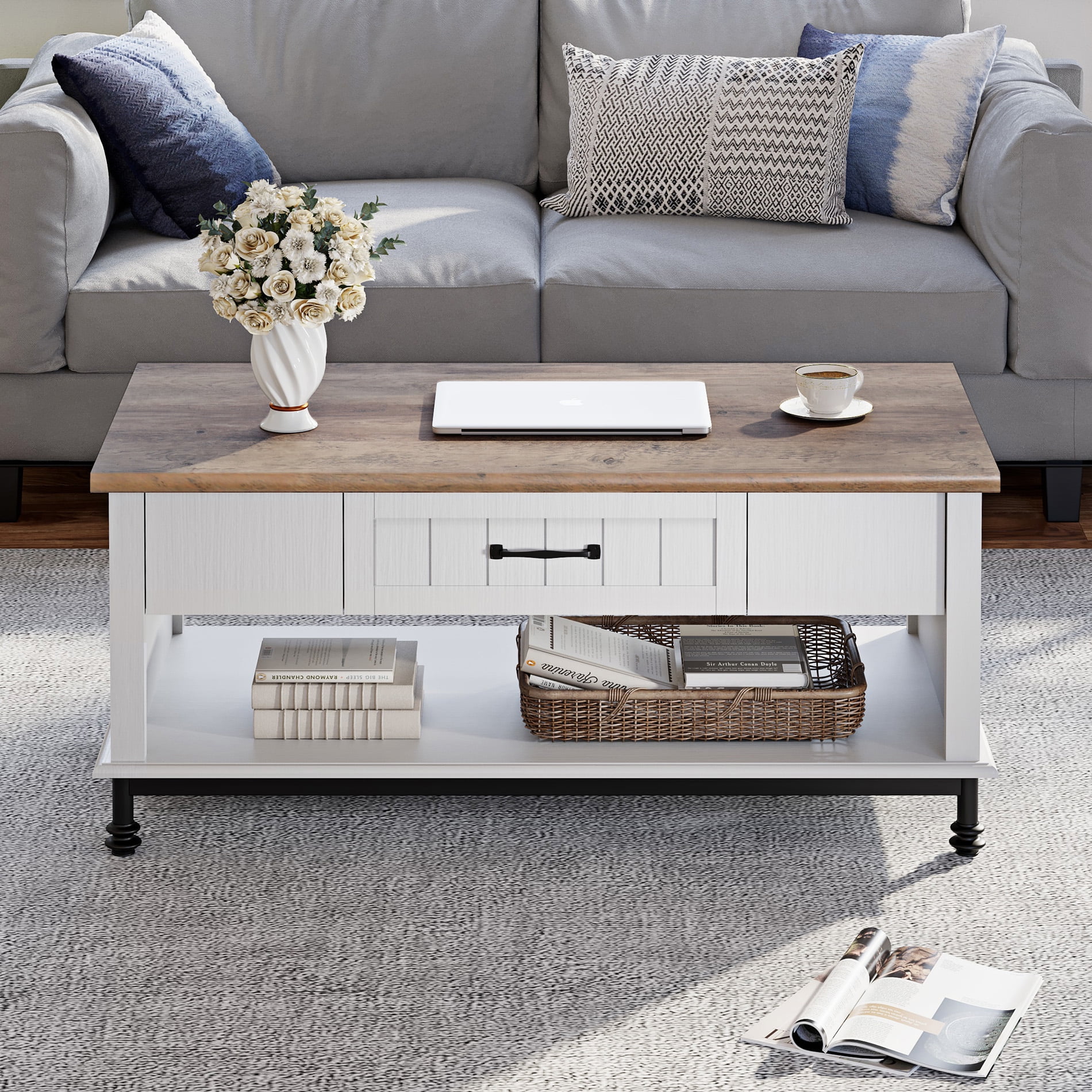 Free Shipping! White Coffee Table with Storage Farmhouse Sofa Tea Table ...