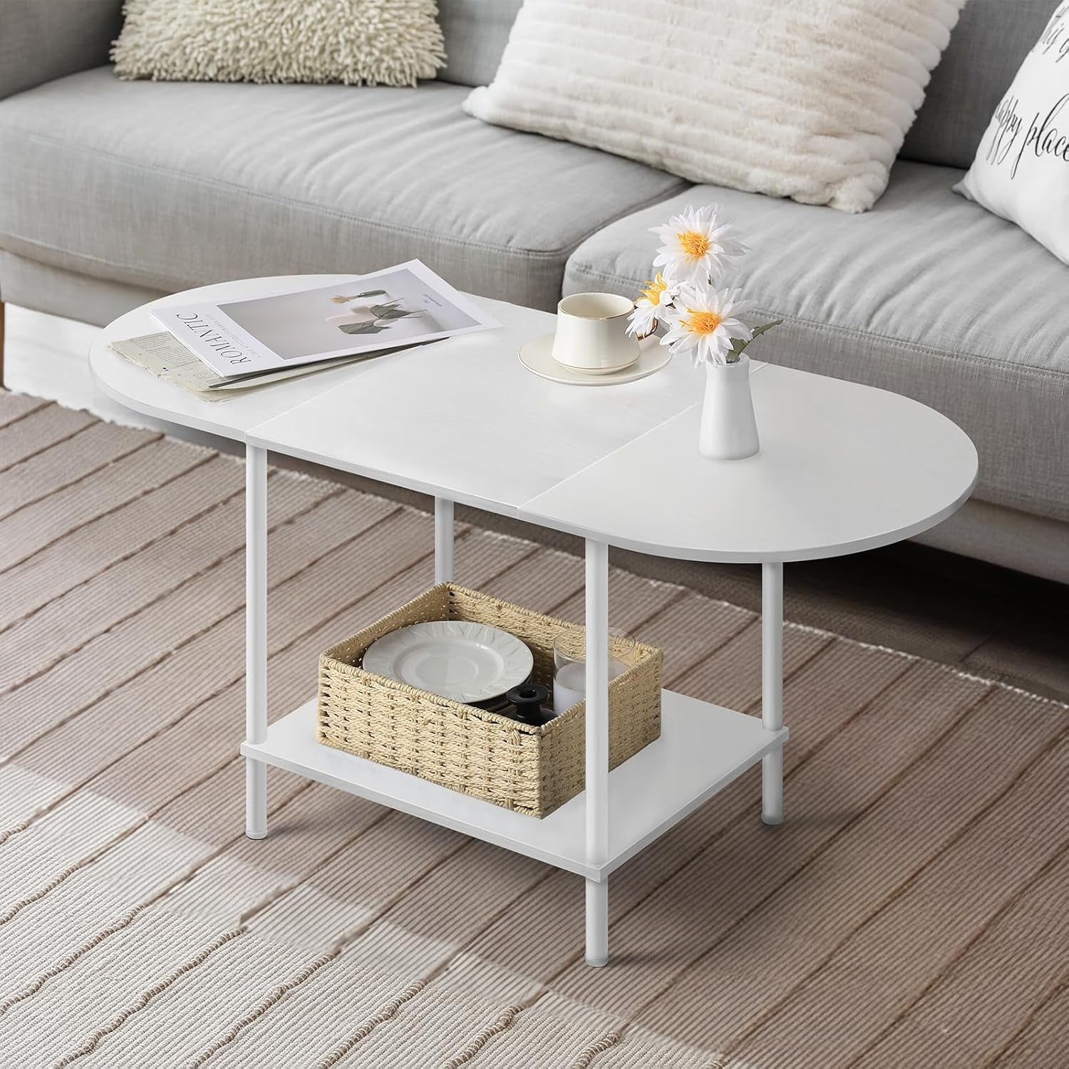 White Coffee Tables for Living Room,2-Tier Small Coffee Table ...